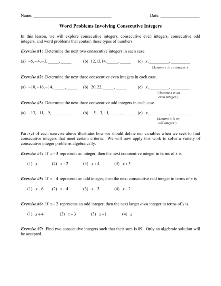 Word Problems Involving Consecutive Integers