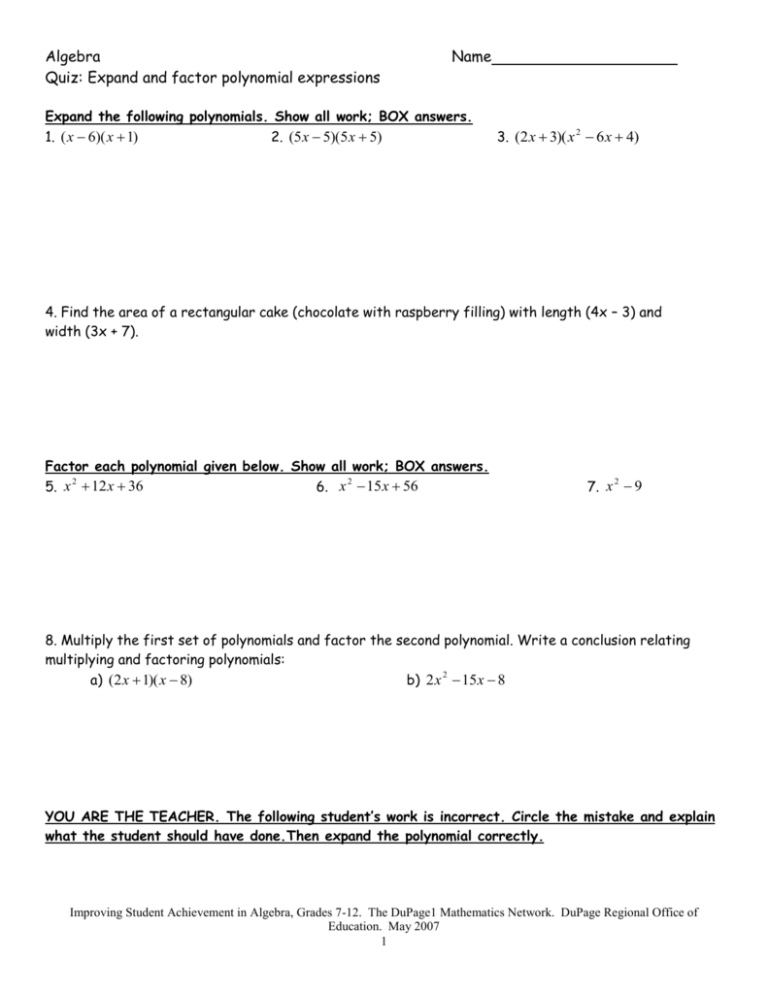 Expand And Factor Polynomial Expressions Assessment