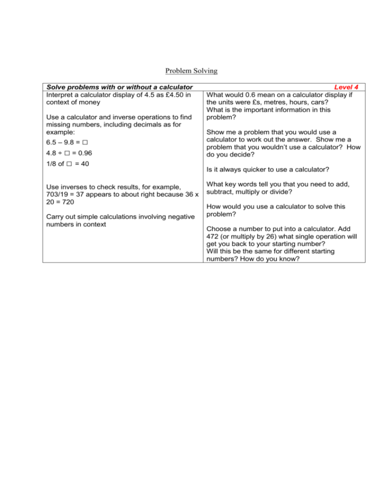 Solve Problems With Or Without A Calculator Level 4 Solve Problems With Or Without A Calculator Level 4