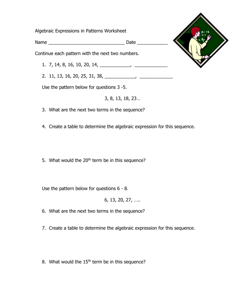 Algebraic Expressions In Patterns Worksheet