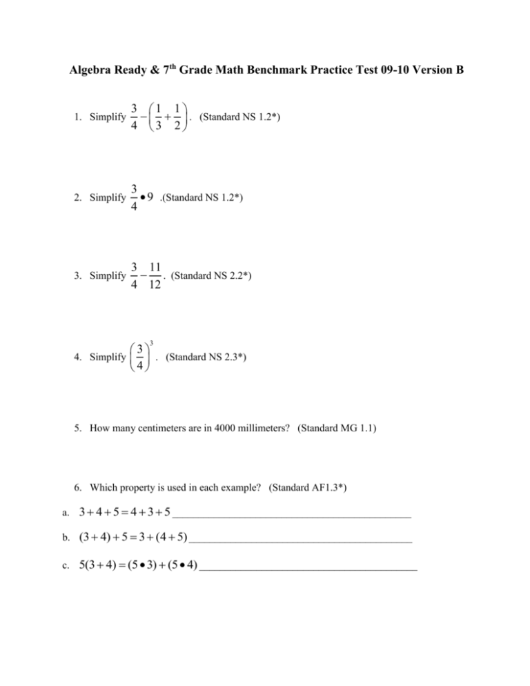 Algebra Ready 7th Grade Math Benchmark Practice Test 09