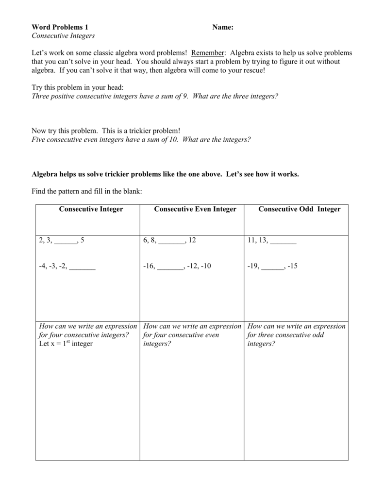 Word Problems 1 Name Consecutive Integers Let s Work On Some