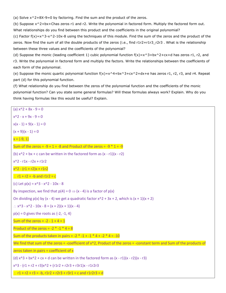  a Solve X 2 8X 9 0 By Factoring Find The Sum And The Product Of