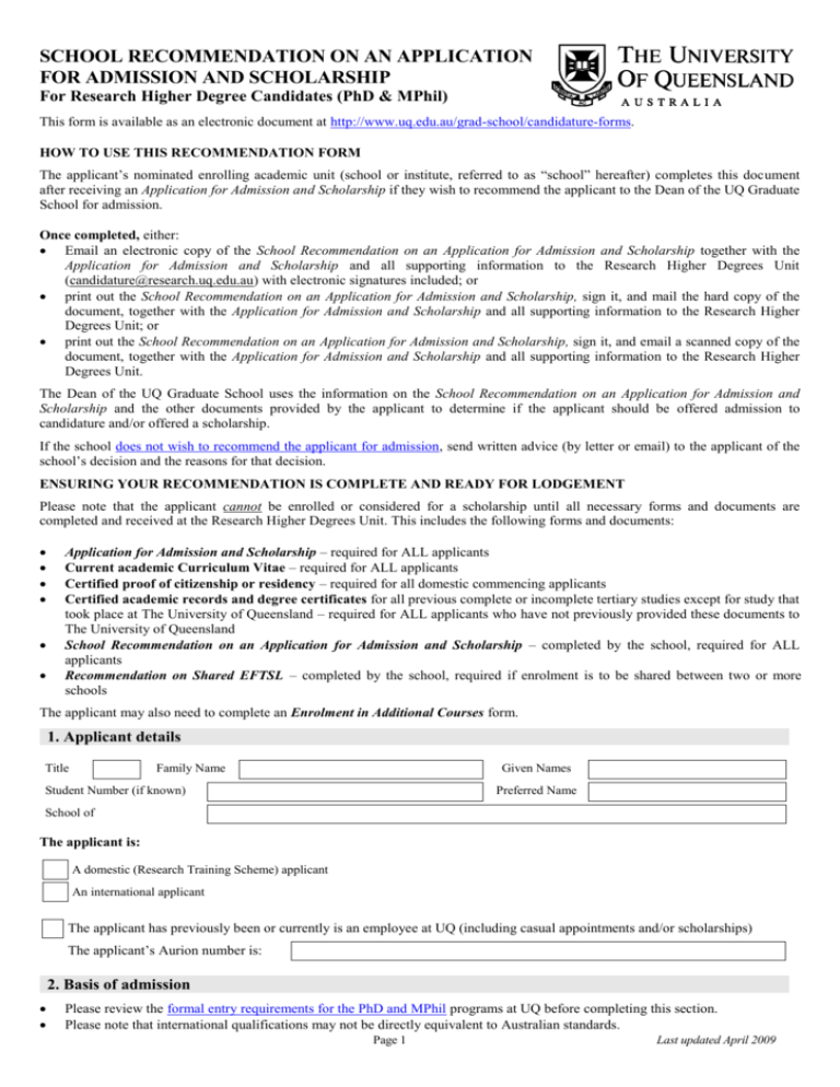 School Recommendation on an Application for Admission and