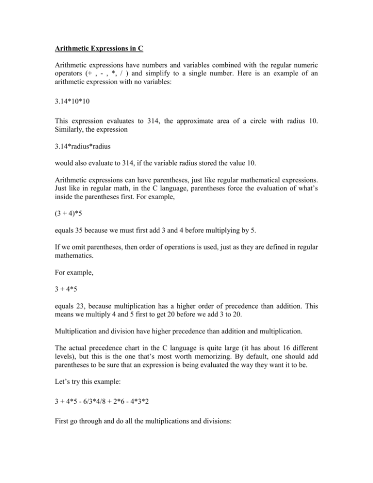 Arithmetic Expressions In C