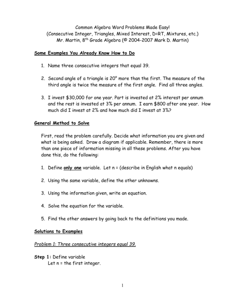 Common Algebra Word Problems Made Easy Common Algebra Word Problems Made Easy