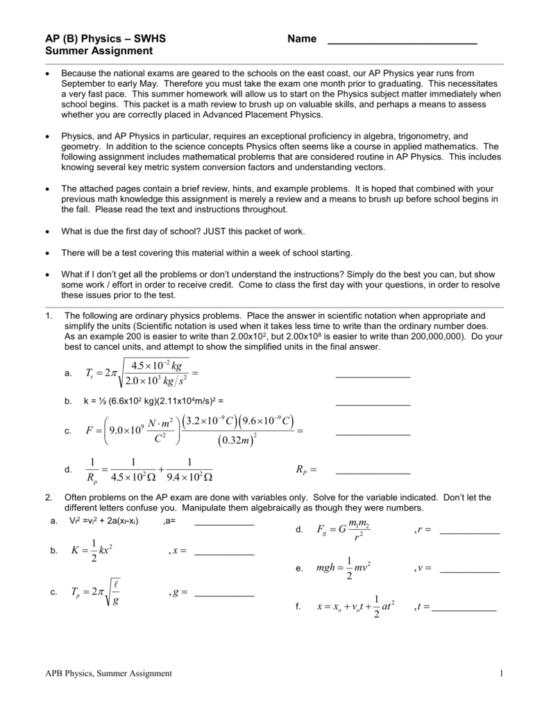 Ap Physics B Summer Assignment Answer Key GustavoGargiulo Free
