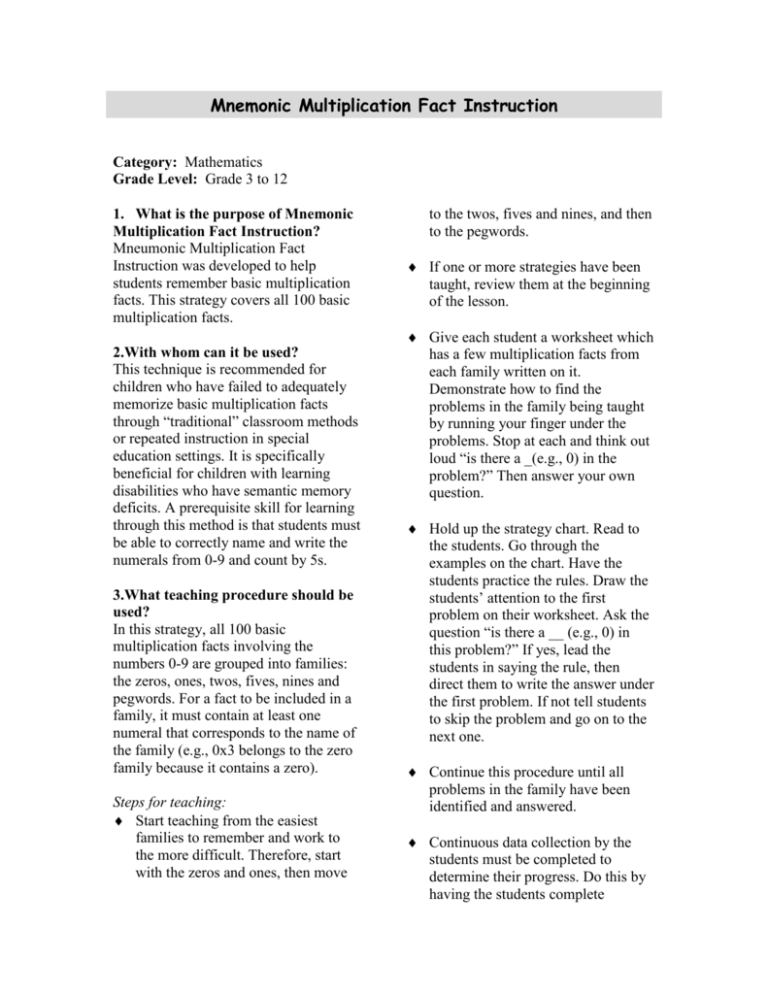 Mnemonic Multiplication Fact Instruction Mnemonic Multiplication Fact Instruction