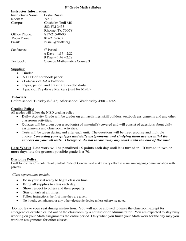 8th Grade Math Syllabus