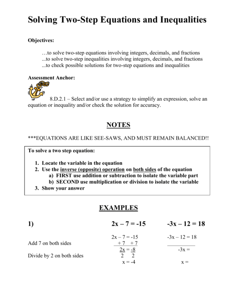 Two Step Equations And Inequalities