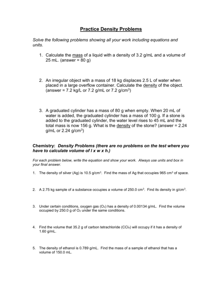 Density Practice Problems Chemistry Worksheet