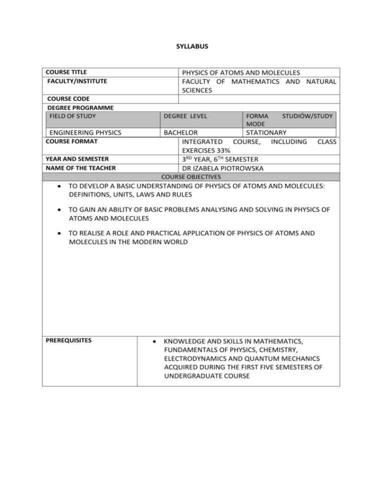 SYLLABUS COURSE TITLE Physics Of Atoms And Molecules Faculty