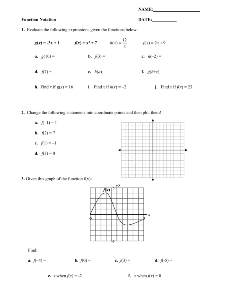 Function Notation Worksheet