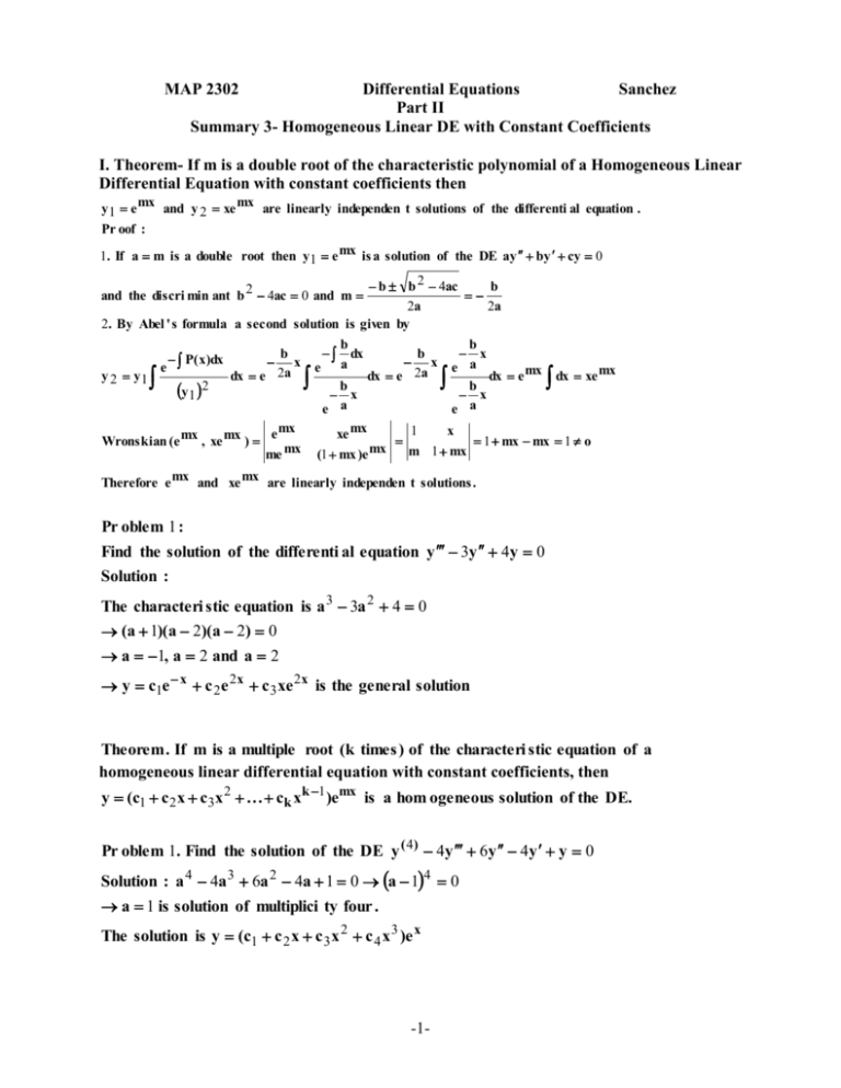 Summary 3 Homogeneous Linear DE With Constant Coefficients