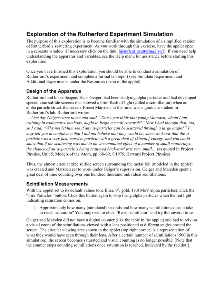 Exploration of the Rutherford Experiment Simulation