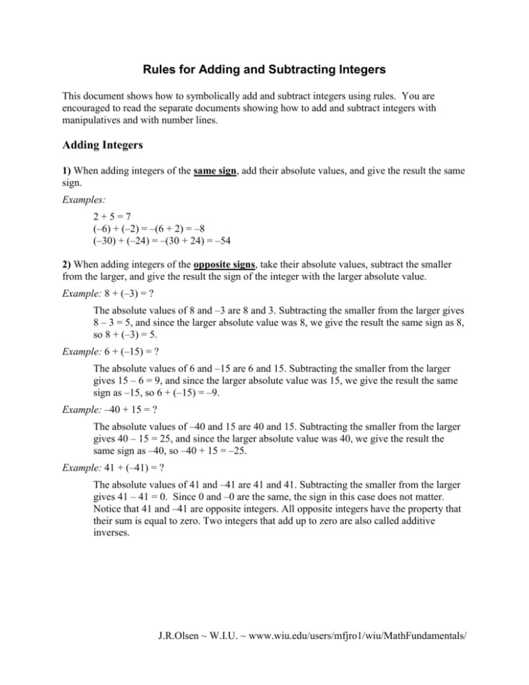 Rules For Adding And Subtracting Integers