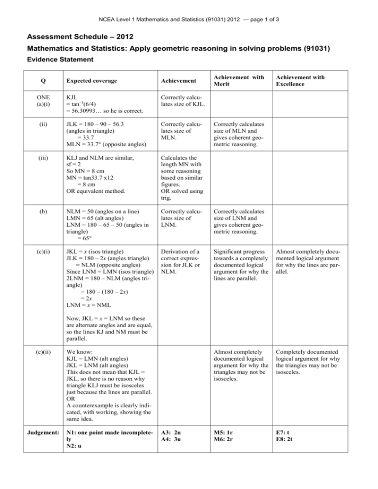 NCEA Level 1 Mathematics And Statistics 91031 2012