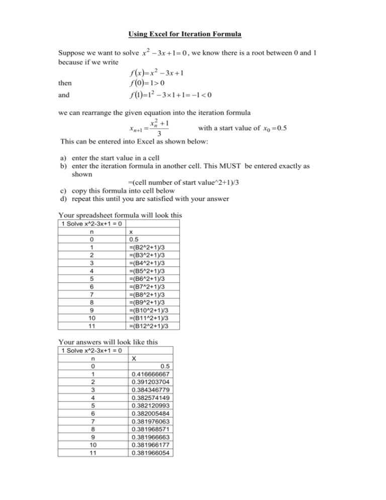 Using Excel For Iteration Formula