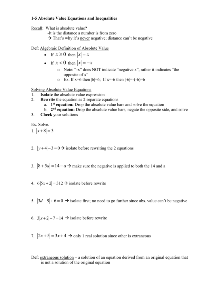 1 5 Absolute Value Equations And Inequalities
