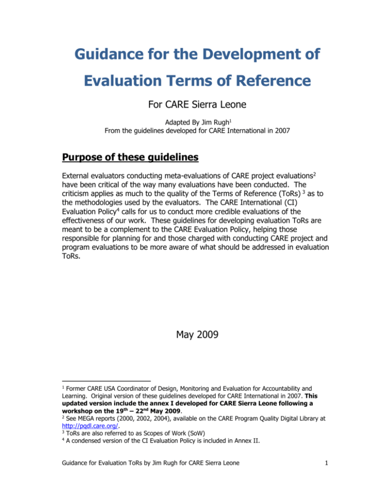 Guidance for Evaluation Terms Of Reference Revised by Sierra Leone