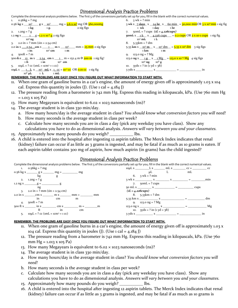 Dimensional Analysis Worksheet KEY