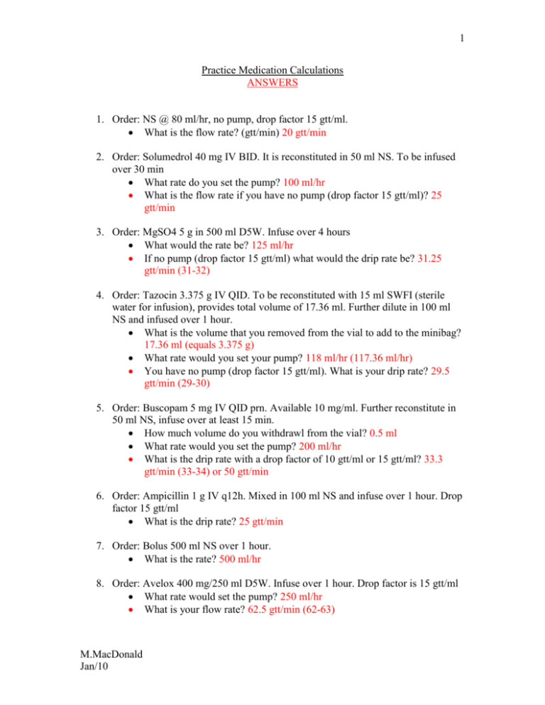 Practice Medication Calculations Answers Practice Medication Calculations Answers