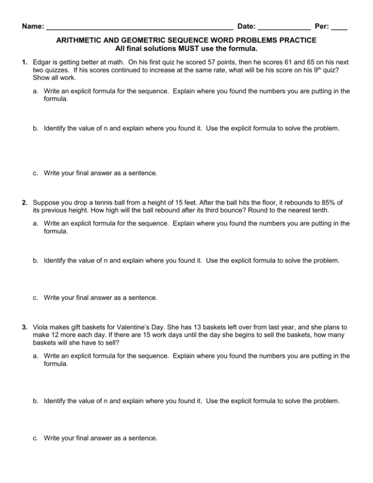 Arithmetic Geometric Sequence Word Problems Worksheet