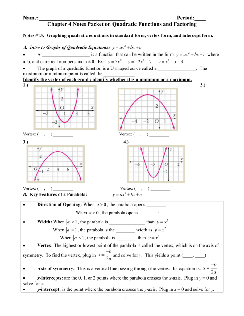 Chapter 4 Notes Packet On Quadratic Functions And Factoring