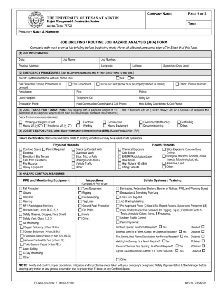 Job Hazard Analysis JHA Form Construction Safety