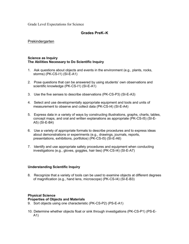 Grade Level Expectations For Science