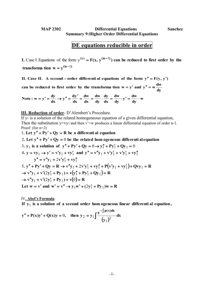 Summary 9 High Order DE