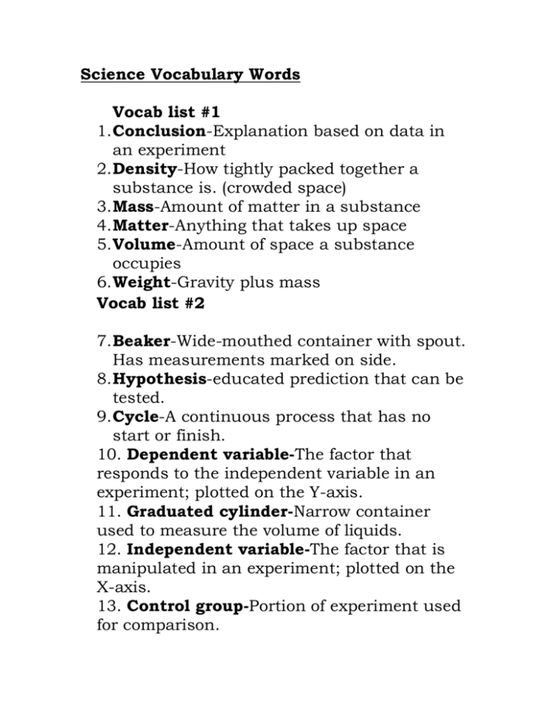Science Vocabulary List Definitions Terms