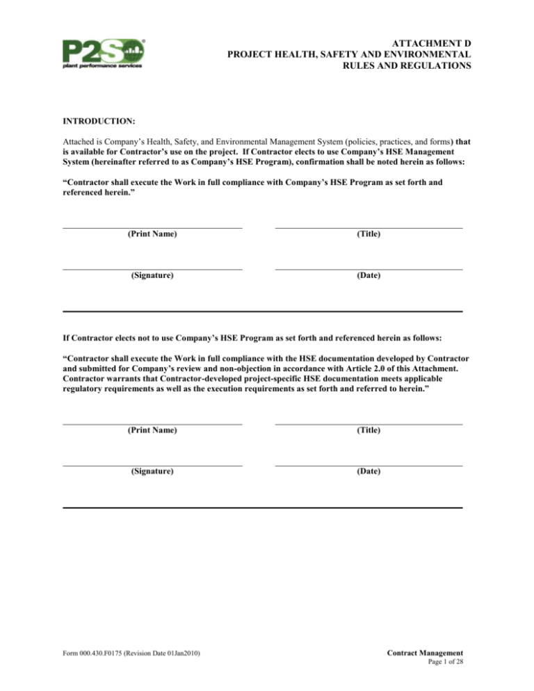 Attachment D Project HSE Rules And Regulations