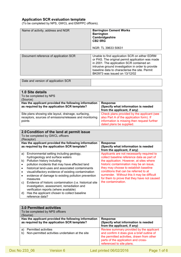 Site Condition Report Evaluation Template