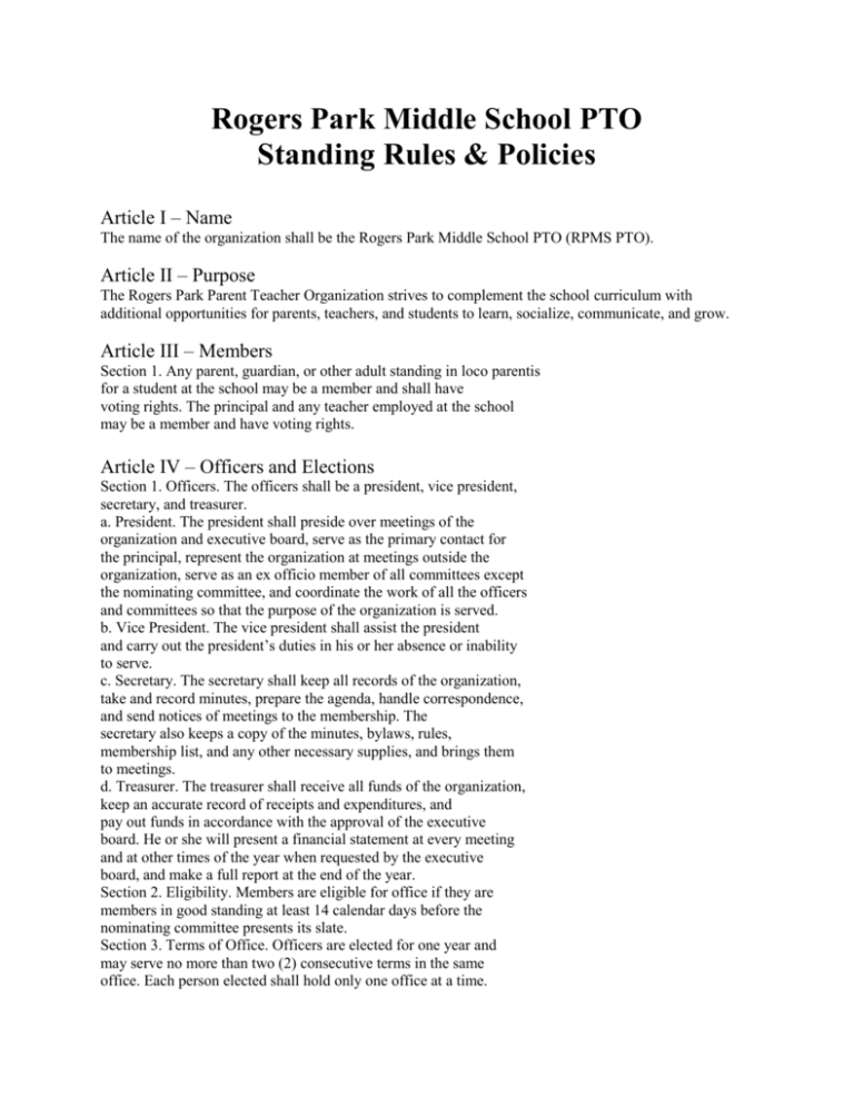 Meetings Minutes files PTO Standing Rules Policies