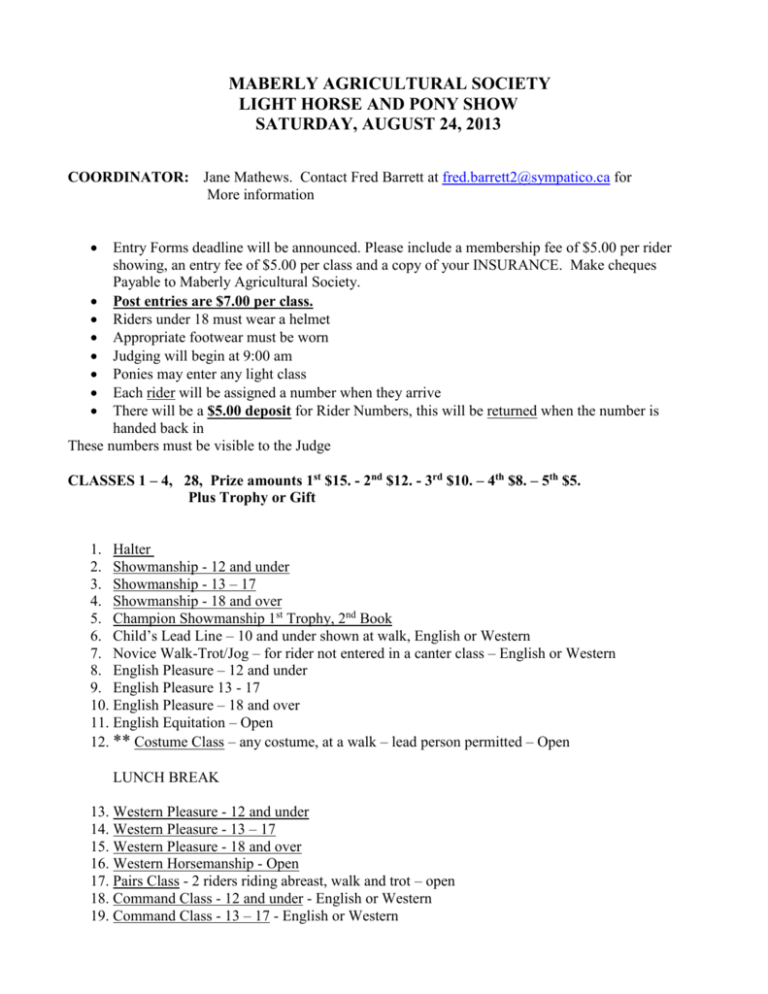 Light Horse And Pony Show Class Listing 2013