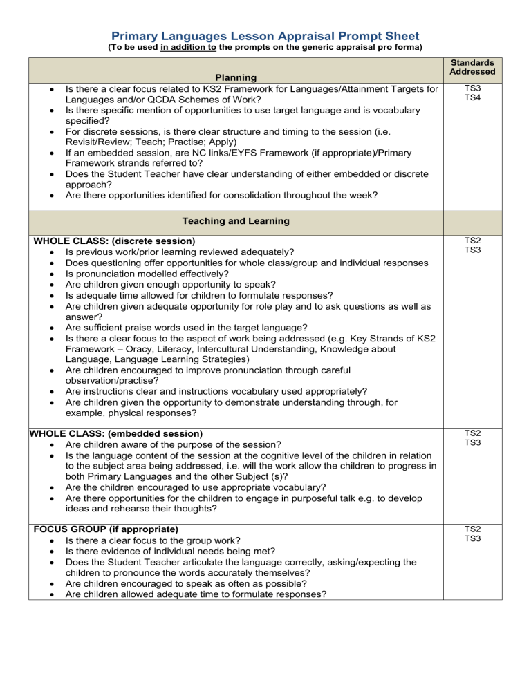 Primary Languages Lesson Appraisal Prompt Sheet