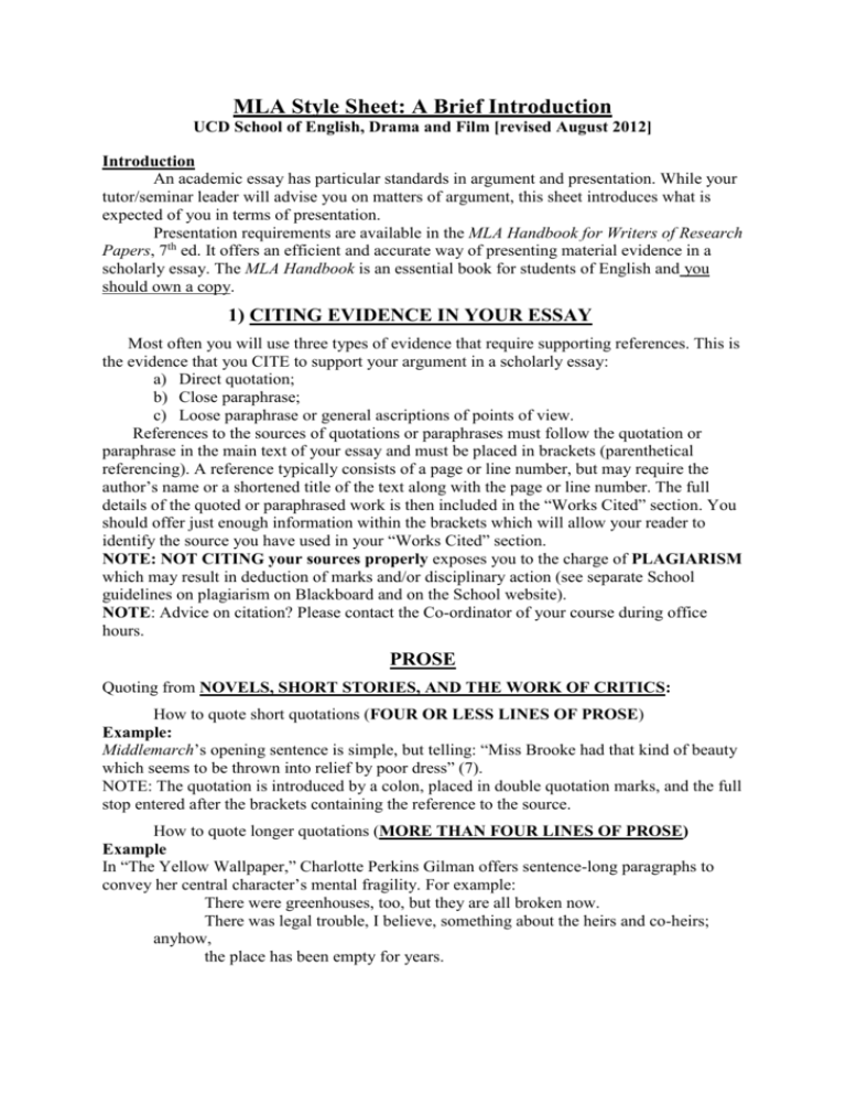 MLA Style Sheet A Brief Introduction