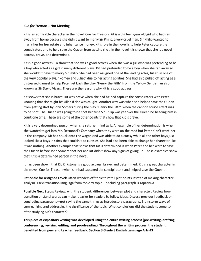 Cue For Treason Essay Grade 8 Writing Sample Not Meeting