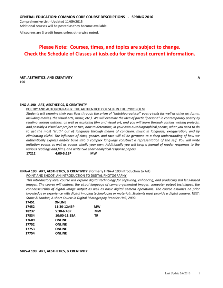 Spring 2016 Common Core Course Offerings