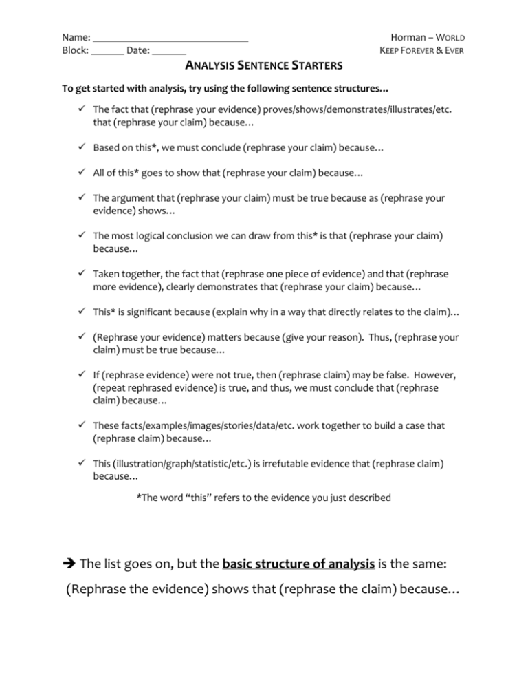 Analysis Sentence Starters Analysis Sentence Starters