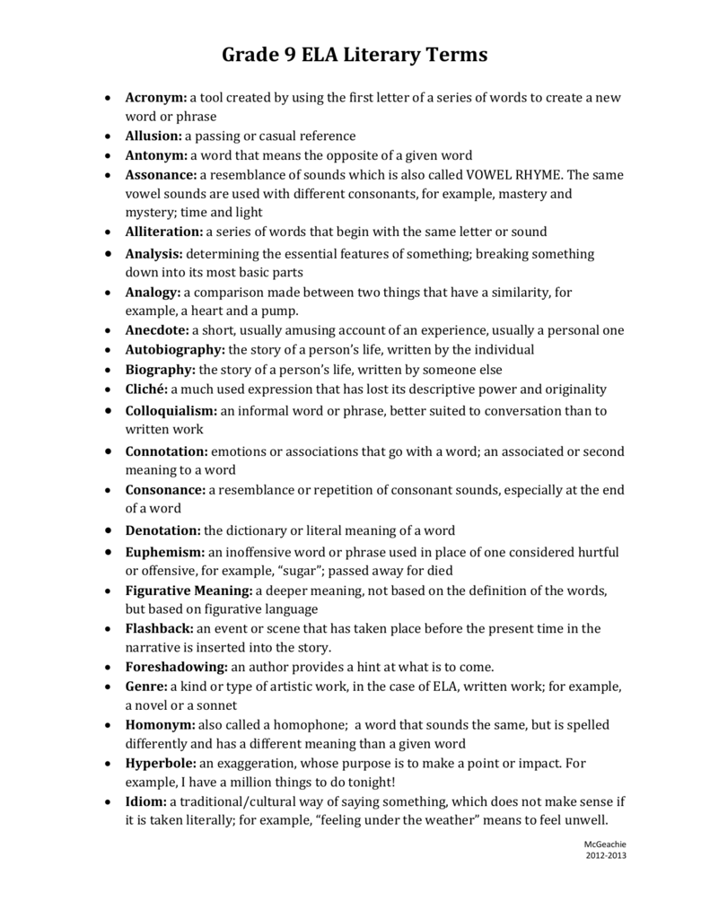 Grade 9 ELA Literary Terms Grade 9 ELA Literary Terms
