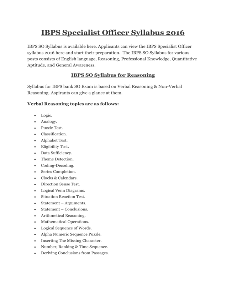 IBPS SO Syllabus For Reasoning
