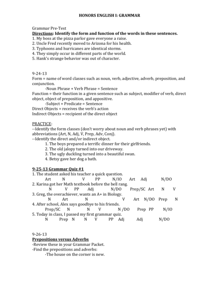 HONORS ENGLISH I GRAMMAR Grammar Pre HONORS ENGLISH I GRAMMAR Grammar Pre