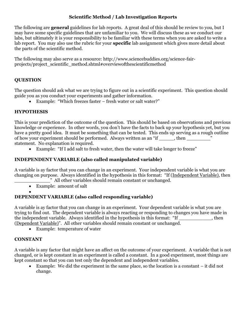 Scientific Method Lab Investigation Reports