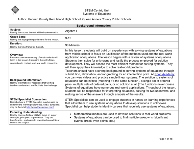Systems Of Equations Lesson Plan