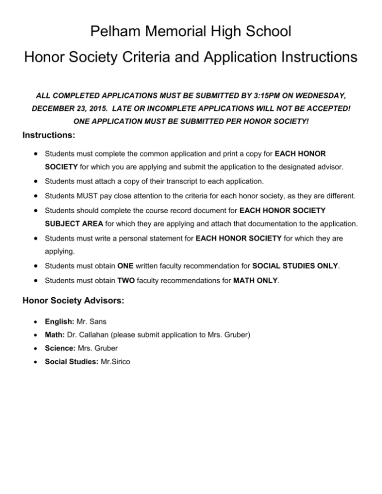 PMHS Honor Society Criteria And Instructions 14 15 1 