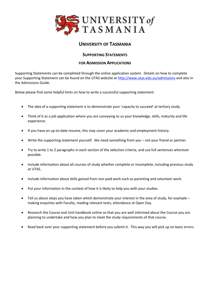 Supporting Statements University Of Tasmania