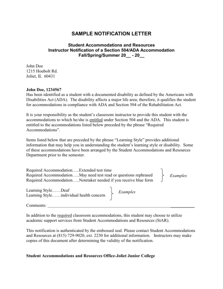 SAMPLE Notification Letter