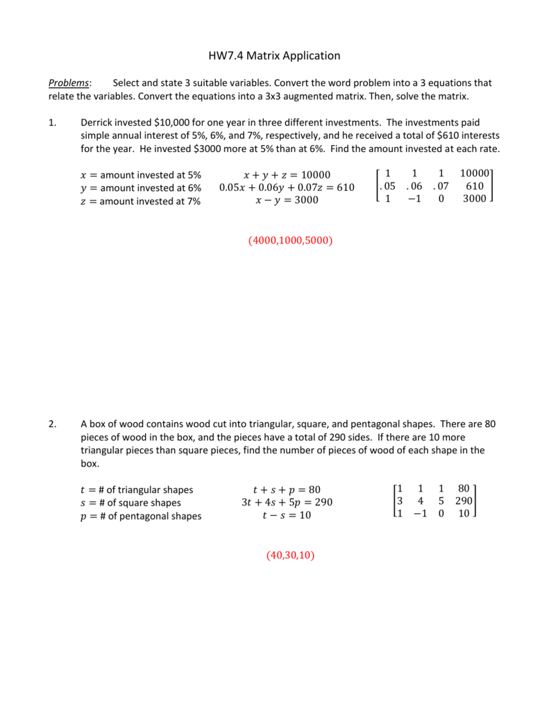 Matrices Word Problems Worksheet